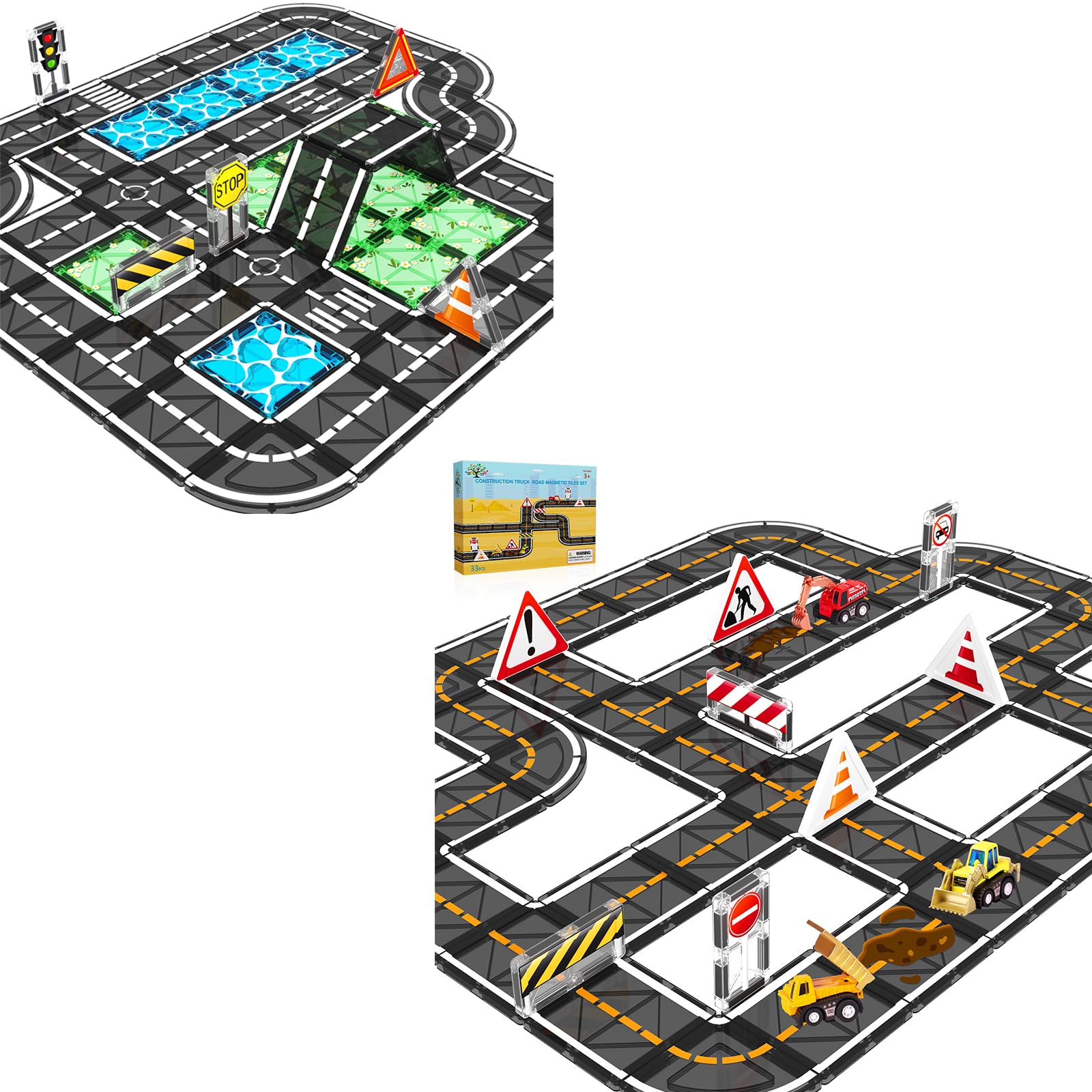 Amazon.com: Magnetic Tiles, Engineering Construction Vehicle Road Set ...