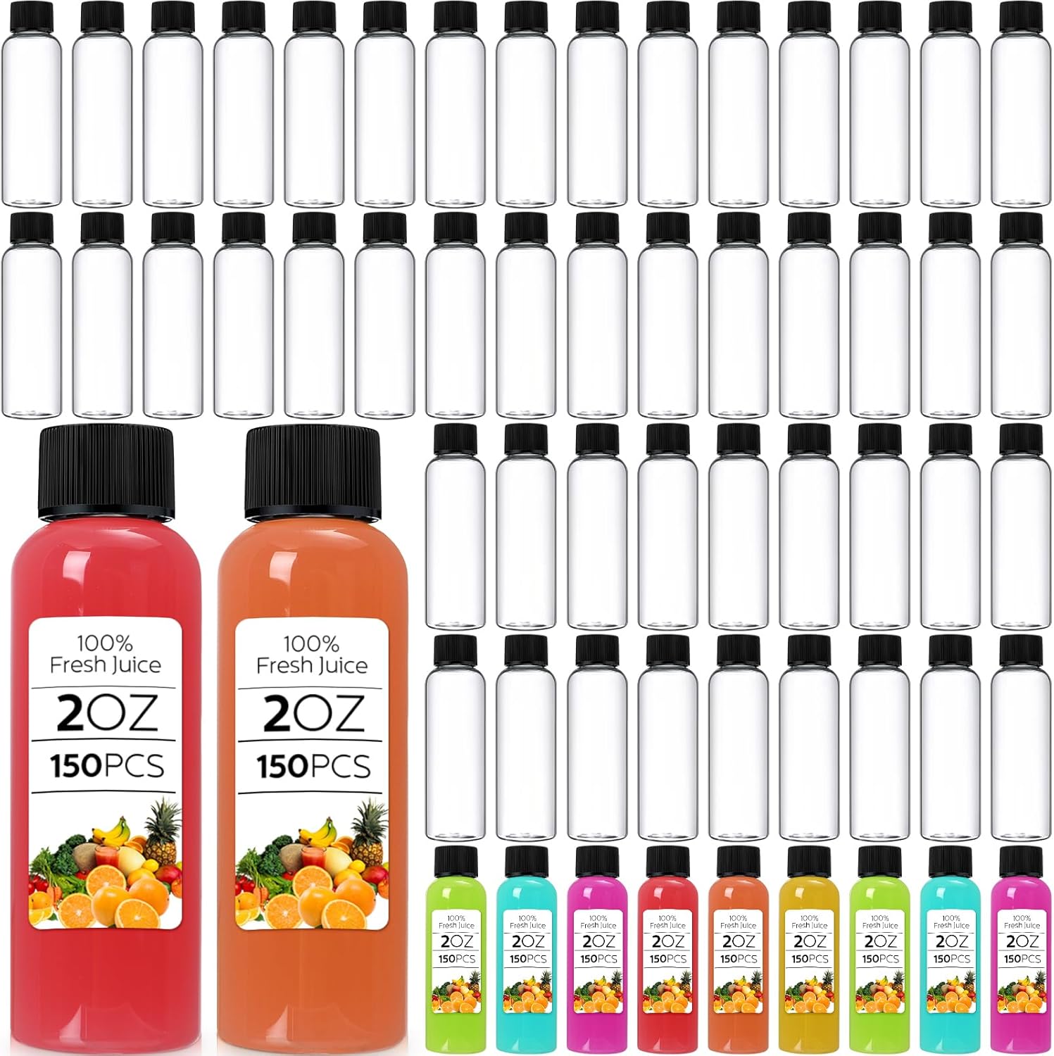 Amazon.com: 150 Pcs 2oz Clear Plastic Bottles Mini Juice Bottle with ...
