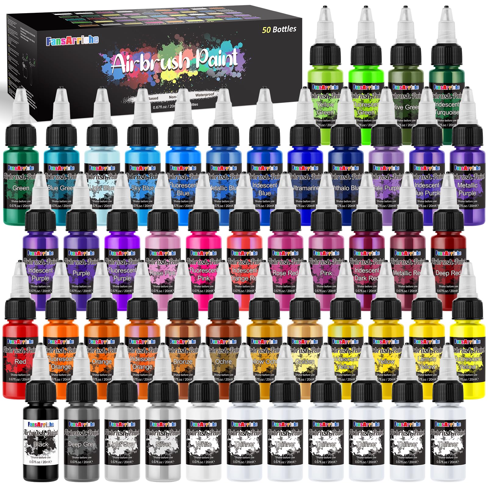 FansArriche Airbrush Paint, 44 Colours + 6 Thinners, Airbrush Water ...