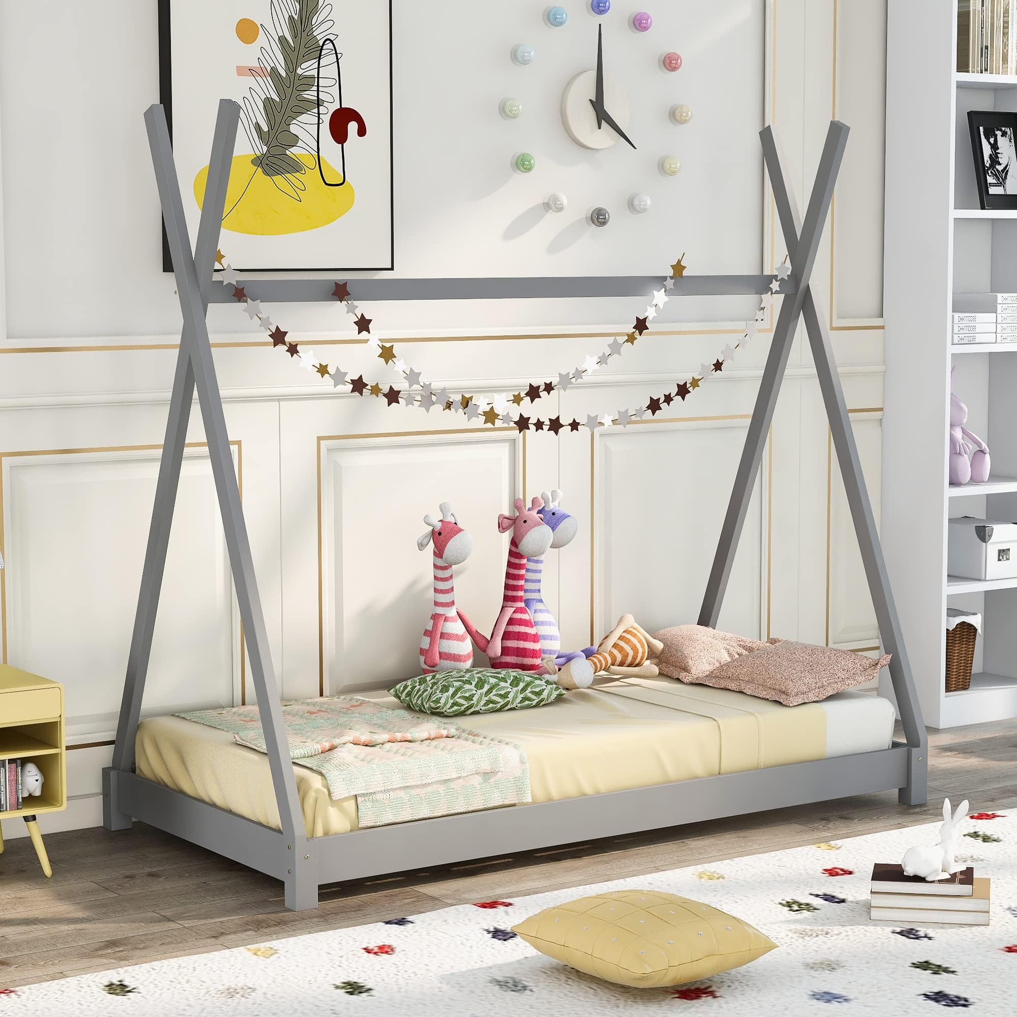 Amazon.com: Twin Teepee Bed Metal Toddler House Bed Frame Montessori ...