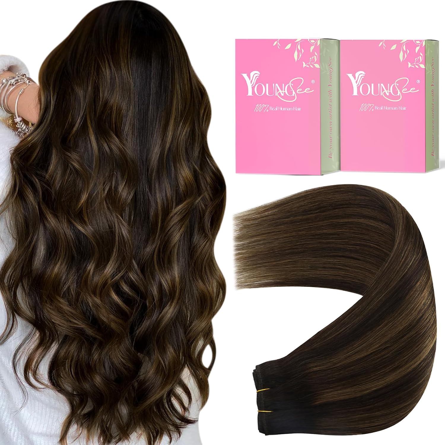YoungSee Echthaar Tressen Braun Tressen Extensions Echthaar 50 cm Weft ...