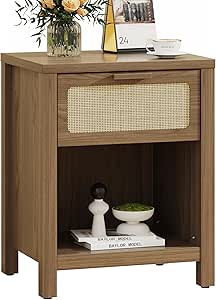 Amazon.com: YAUKOMEL Rattan Nightstand, Mid Century Modern Bedside Table with Opening Storage ...
