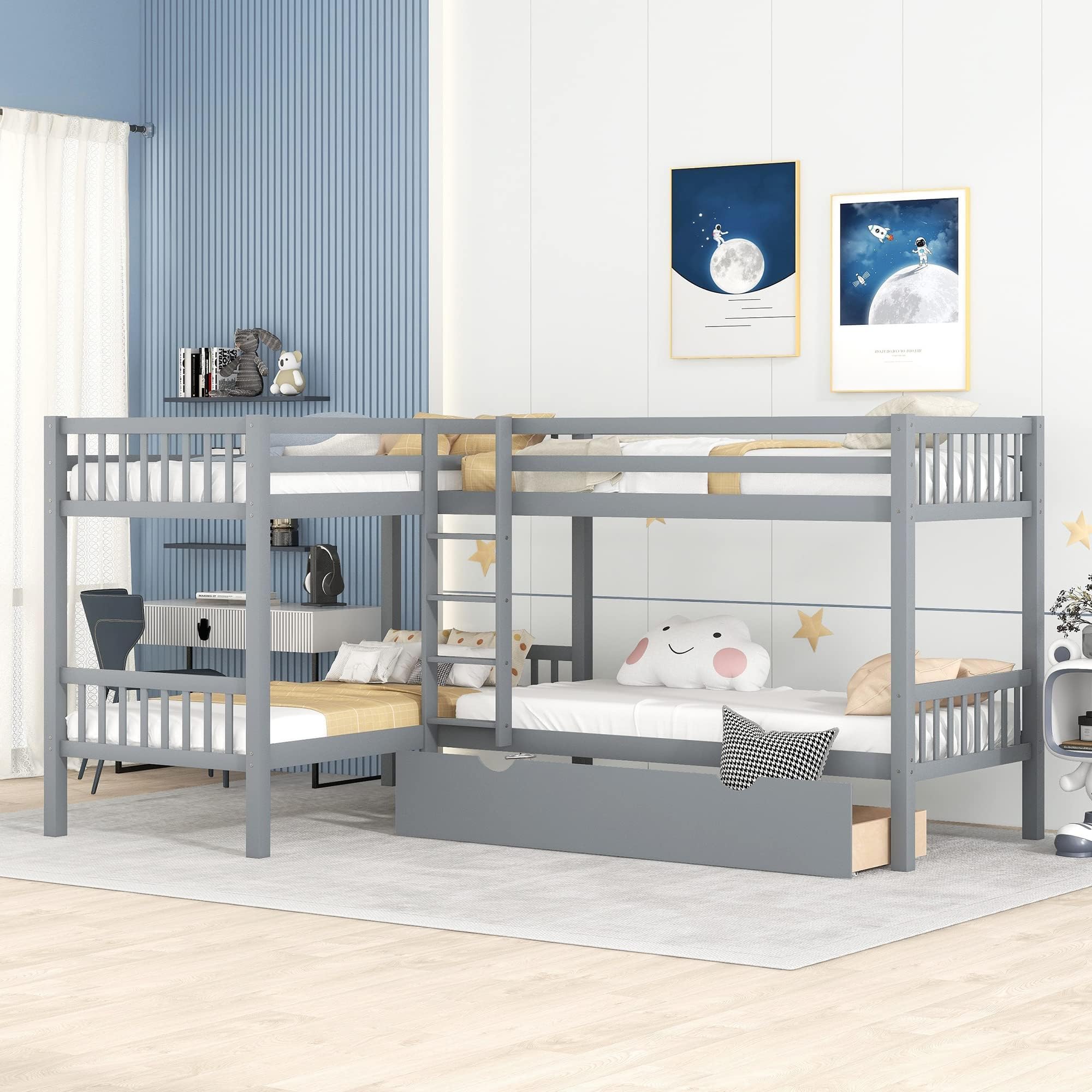 Amazon.com: RORIGAT L Shaped Quad Bunk Bed with Slide - Full Over Full ...