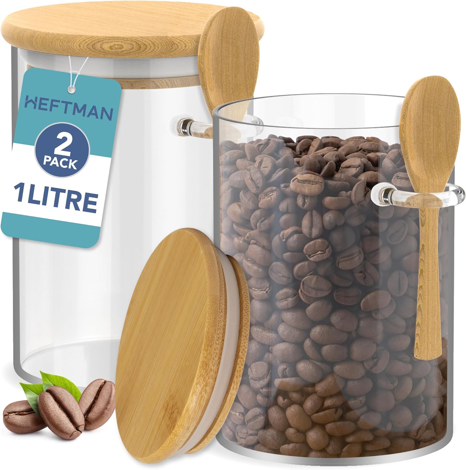 HEFTMAN Glass Jars with Bamboo Lids - 1 Litre, 2 Pack Glass Jars with ...