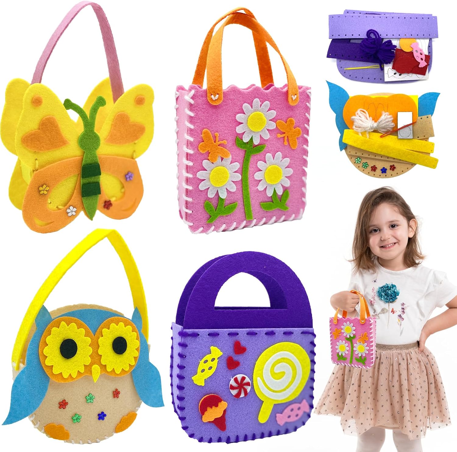 Cosysparks Felt Sewing Craft Kit for Kids, 4 Pack Handbag Sewing Kit ...