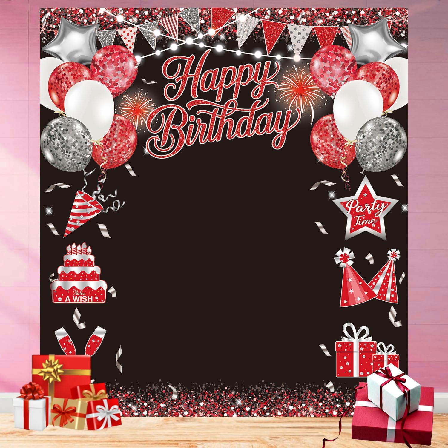 Amazon.com : TJSWYADGS Large Red Happy Birthday Backdrop with Glitter ...