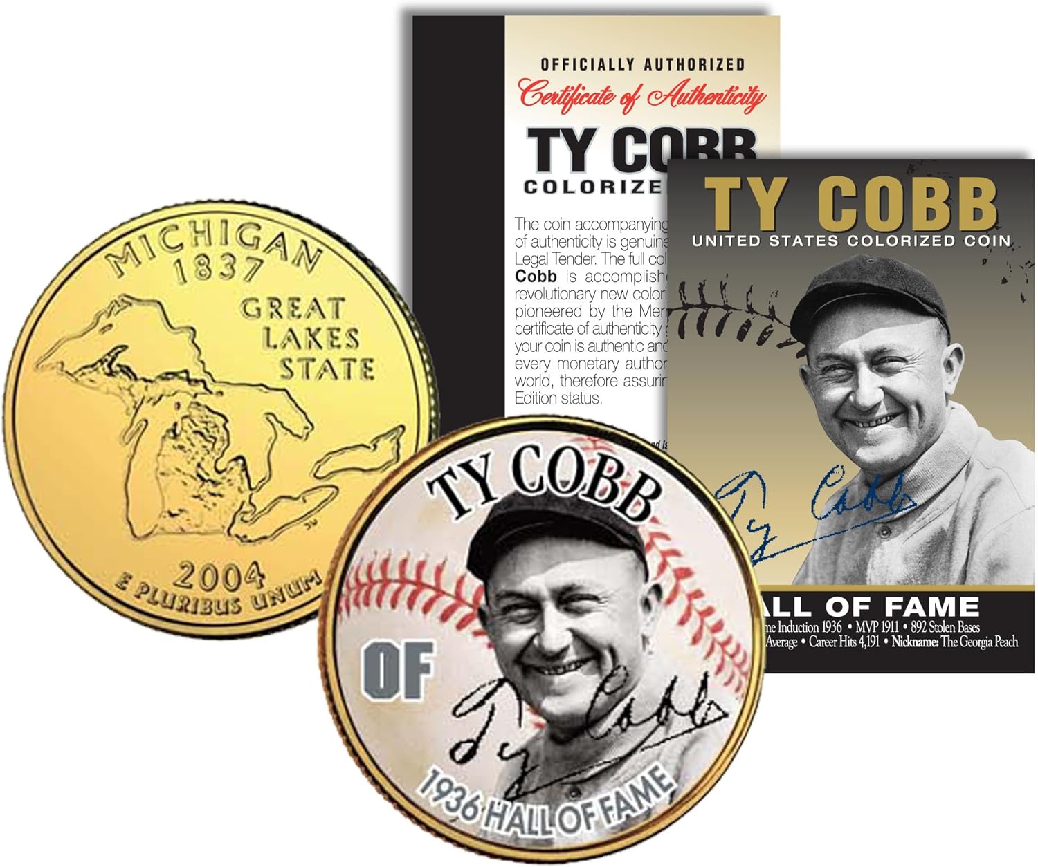 Amazon.com: TY COBB Hall of Fame Legends Colorized Michigan Quarter 24K ...