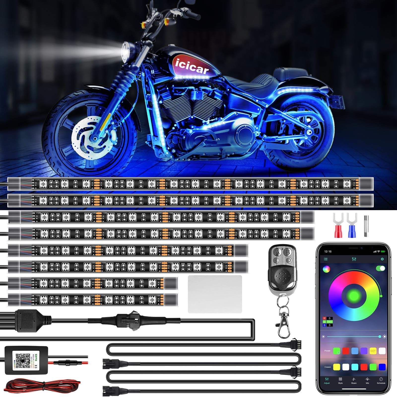 Amazon.com: icicar 8PCS Motorcycle LED Underglow Kit, 4 Key Remote ...