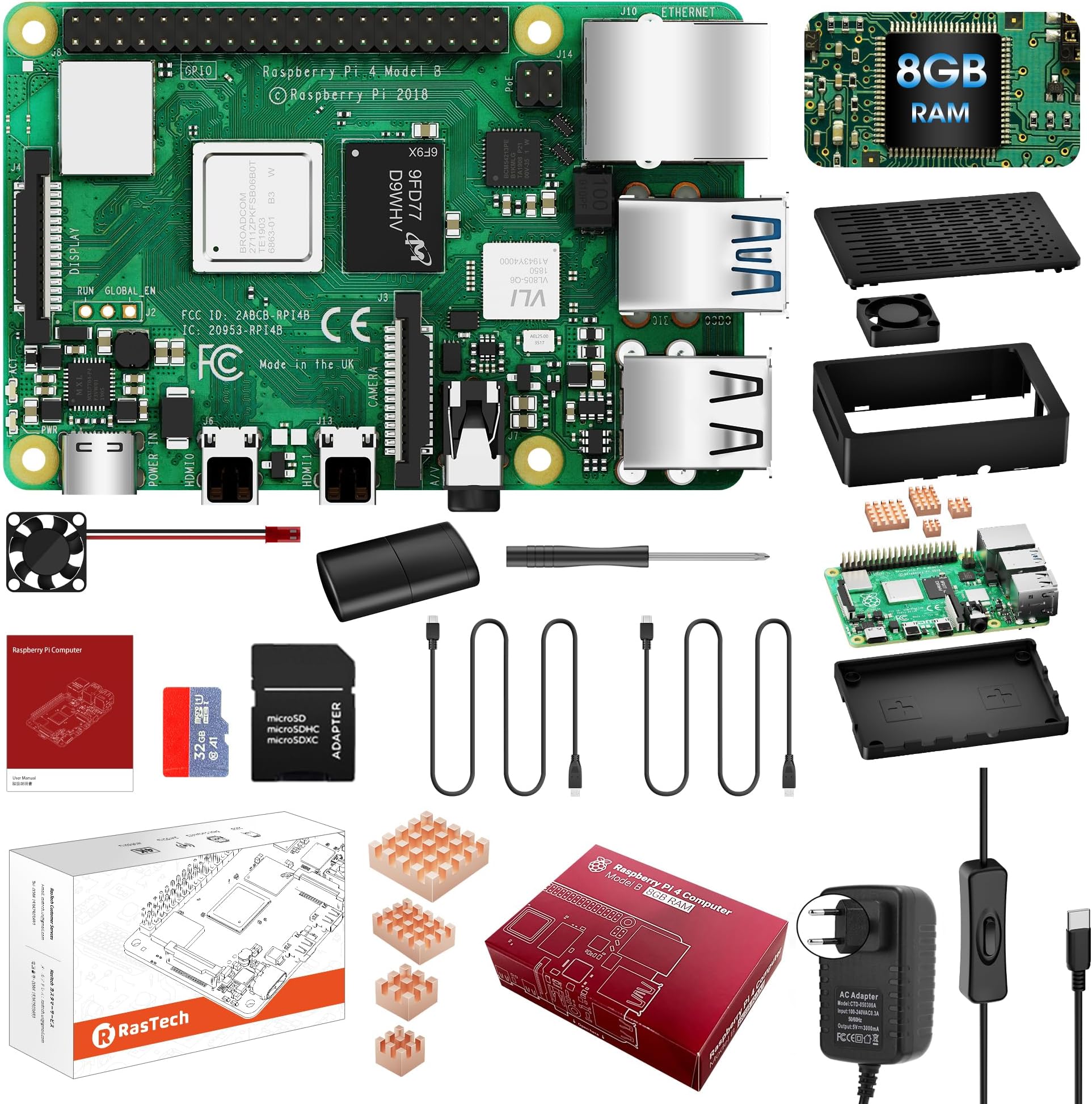 NinkBox Raspberry Pi 4 Modèle B, 8G RAM+128G Carte Mémoire, Starter Kit ...
