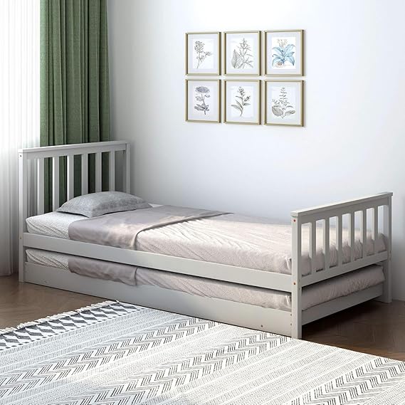 Panana Modern 2-in-1 Trundle Solid Pine Wood Single Bed Frame With ...