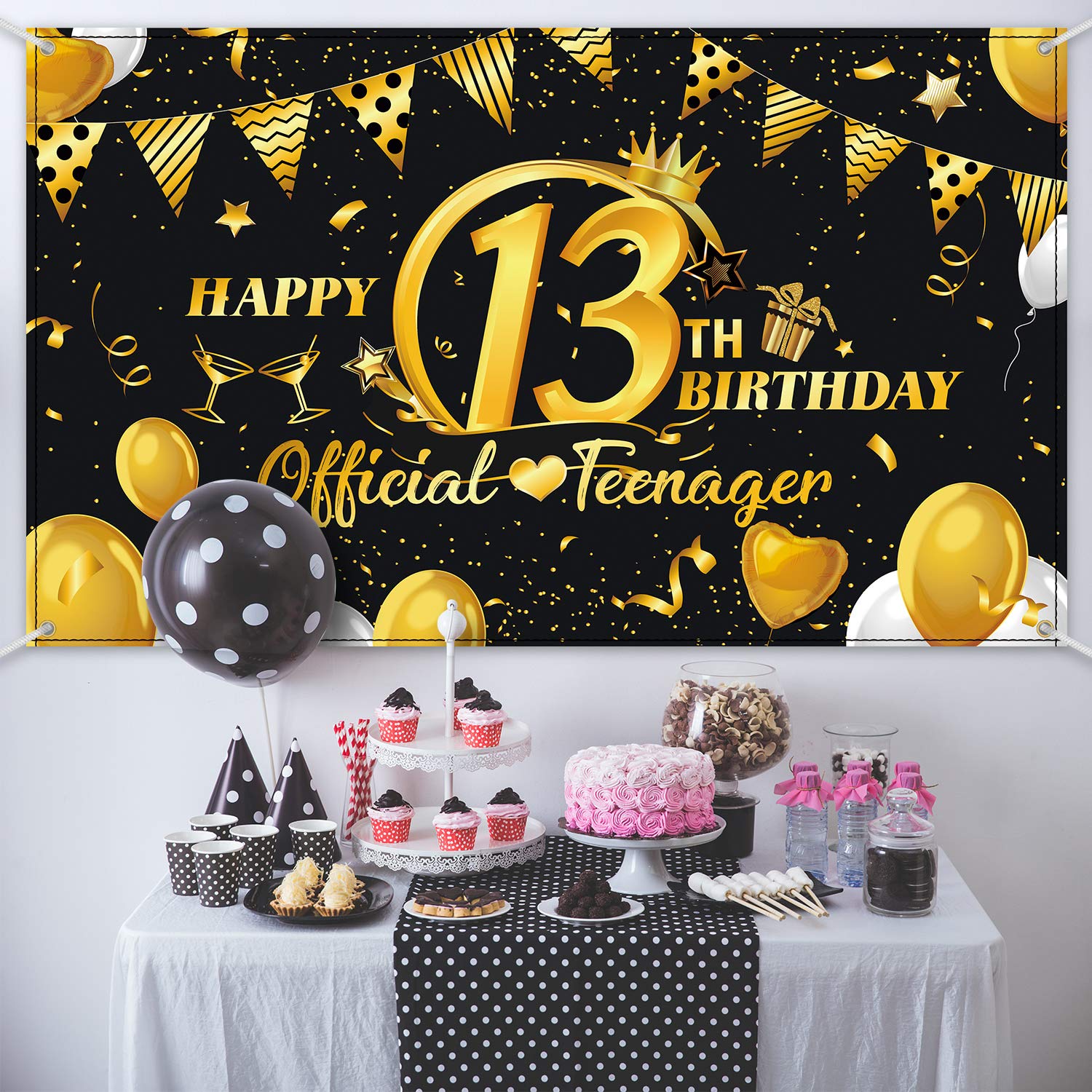 13th Birthday Black Gold Party Decoration, Extra Large Fabric Sign ...
