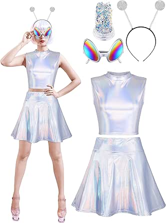 Amazon.com: SOMSOC Alien Costume Metallic Top Sleeveless Crop Tank Top ...