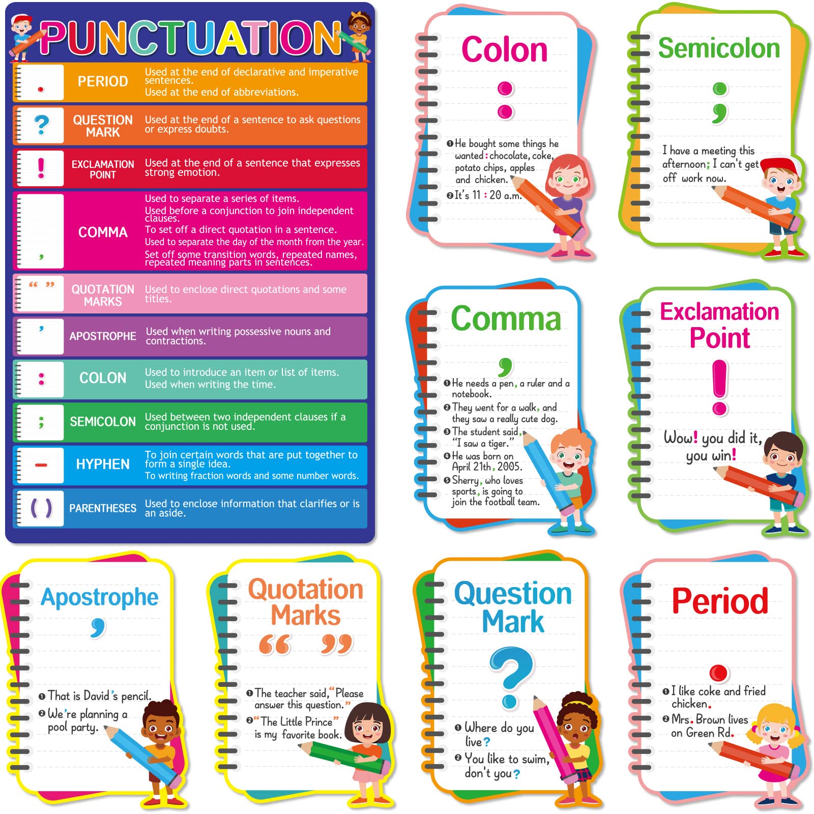 12 Pieces Punctuation Posters Bulletin Board Set Punctuation Chart ...