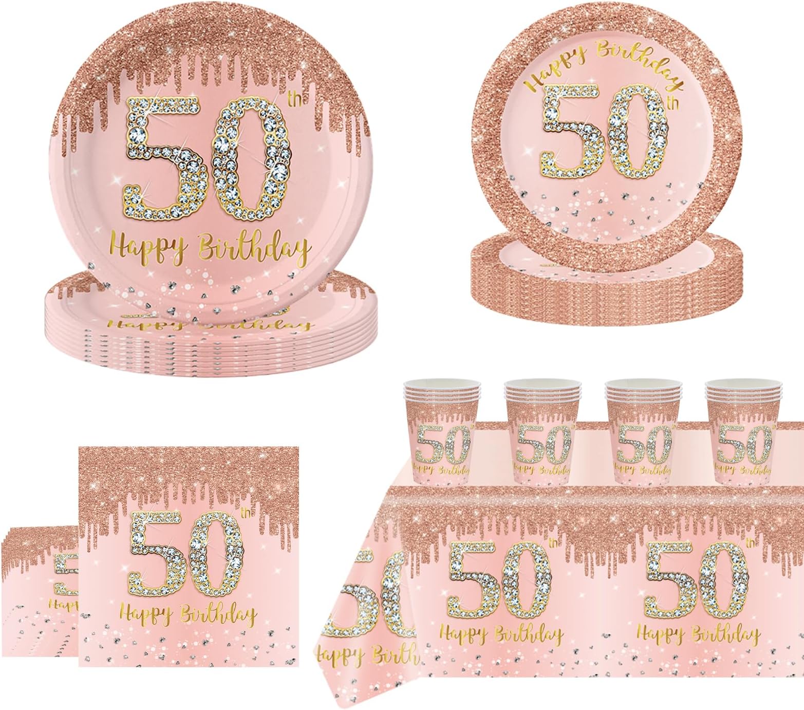 69Pcs Rose Gold 50th Birthday Party Tableware 16 Guests,50th Rose Gold ...