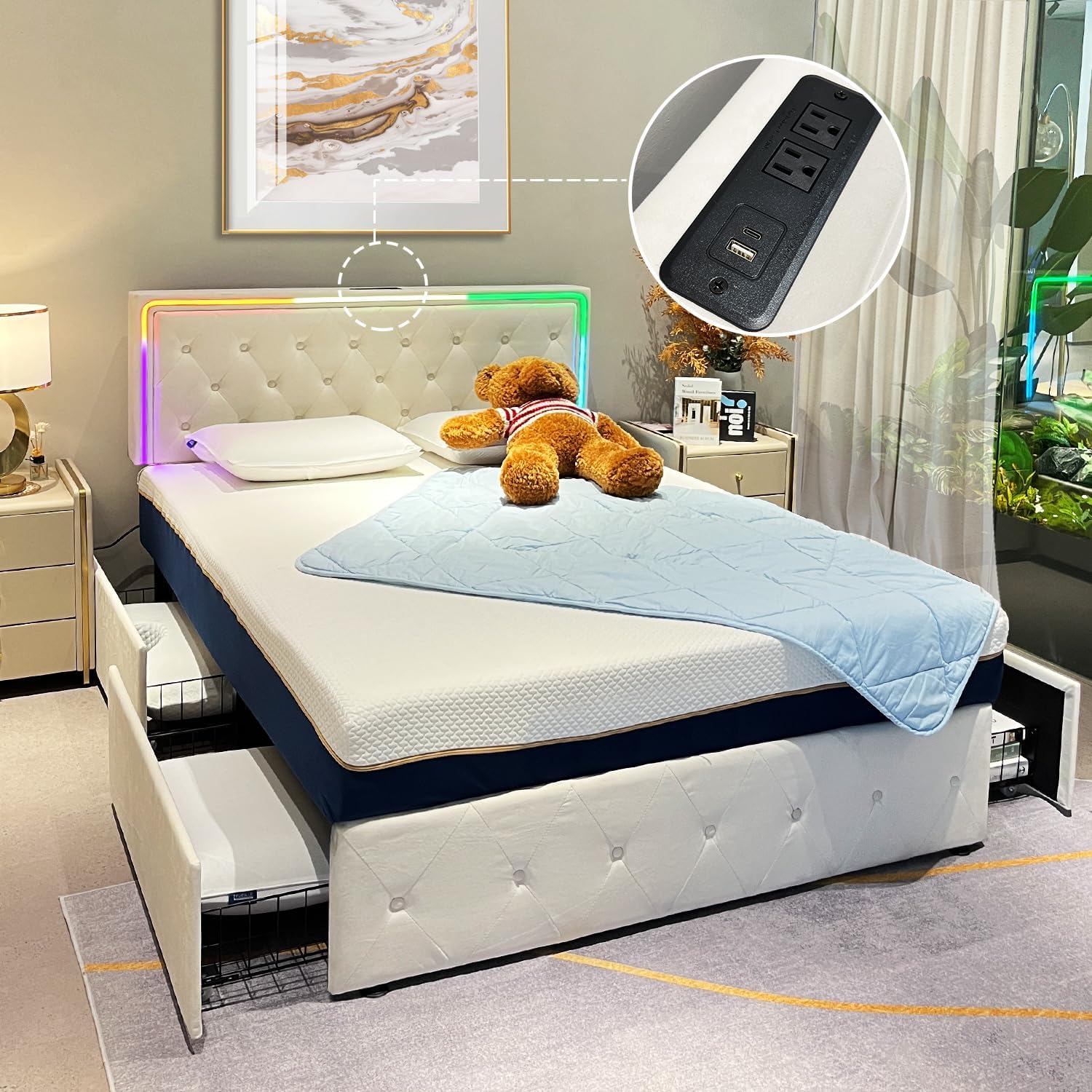 Amazon.com: Queen Upholstered LED Bed Frame with 4 Drawers, Platform ...