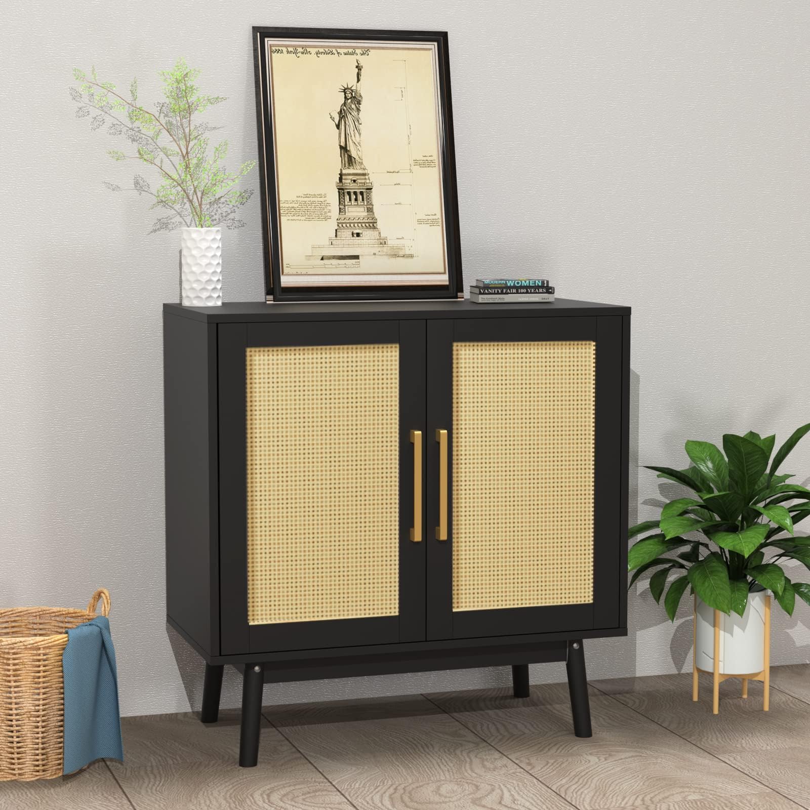 Amazon.com - IKIFLY Black Rattan Sideboard Buffet Cabinet with 2 ...