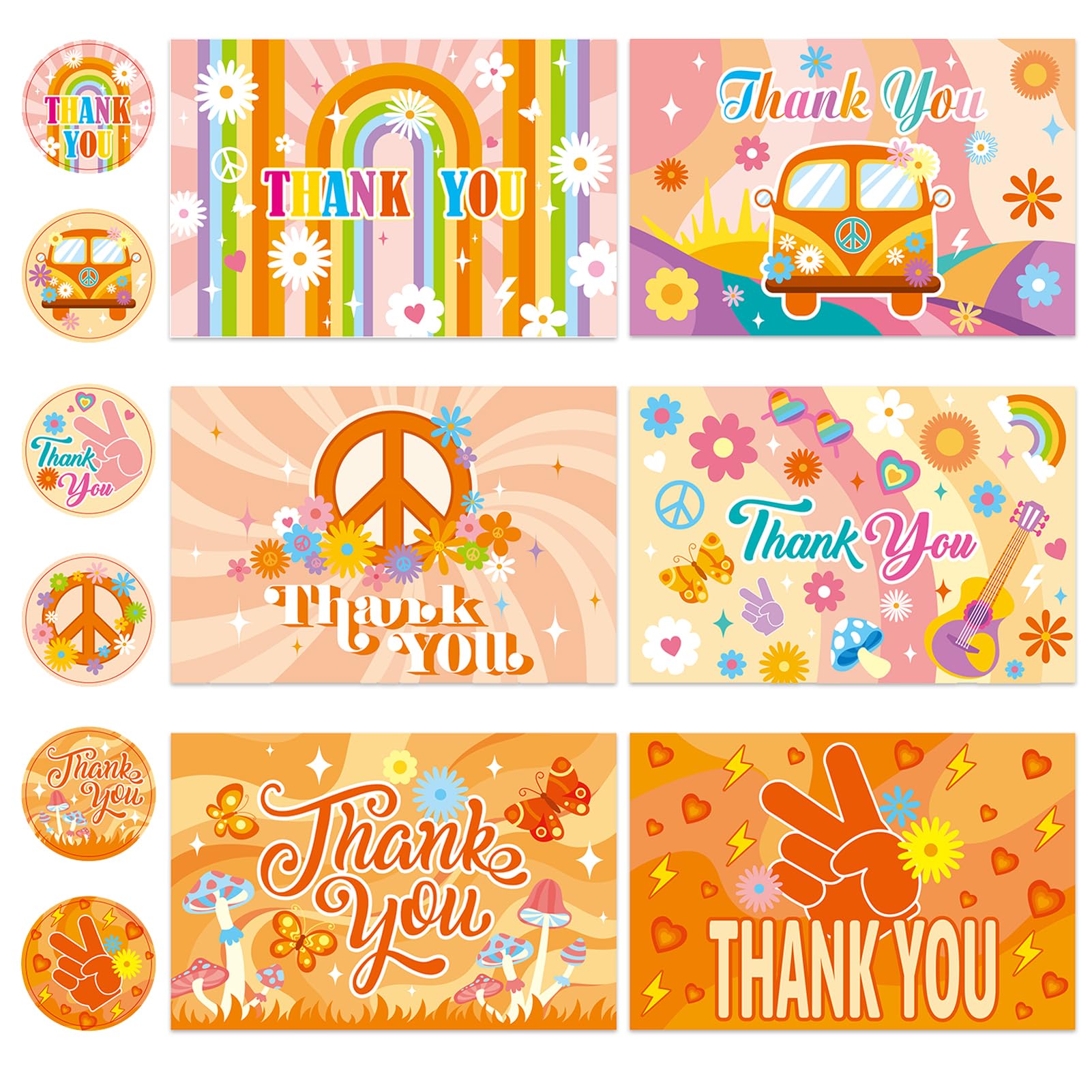 Amazon.com : Qpout 24 Pack Groovy Retro Hippie Thank You Cards Boho ...