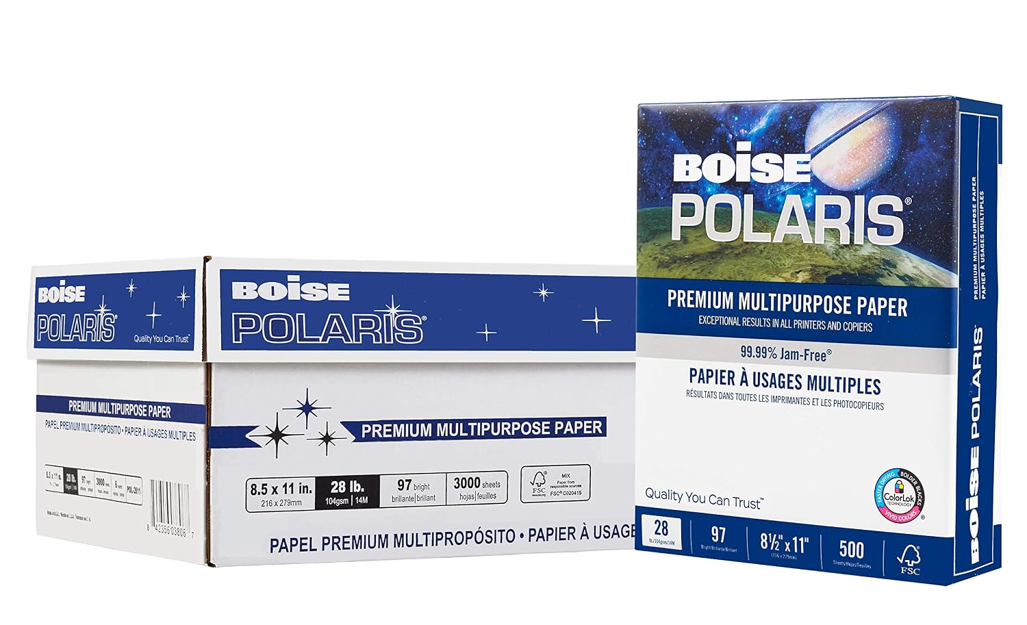 BOISE POLARIS Premium Multipurpose Paper, 8.5 x 11, 97 Bright White, 28 ...