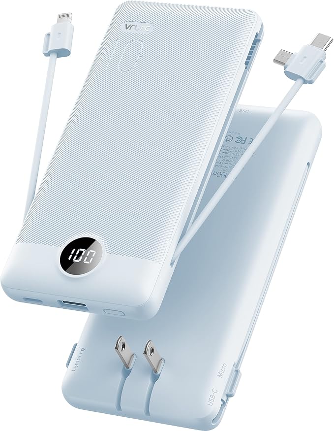 Power Bank Built-in Cables, VRURC 10000mAh Portable Charger USB C ...