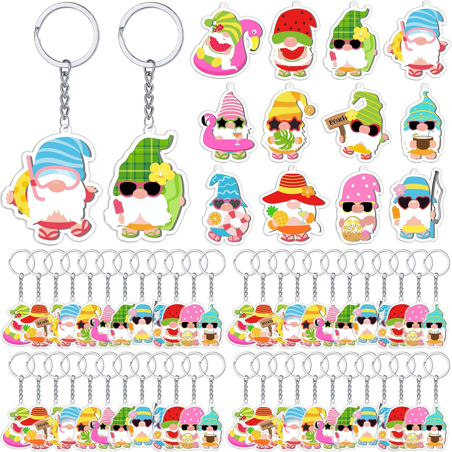 Trnayi 60 Pcs Summer Gnome Keychain Beach Gnome Charm Key Ring Acrylic ...