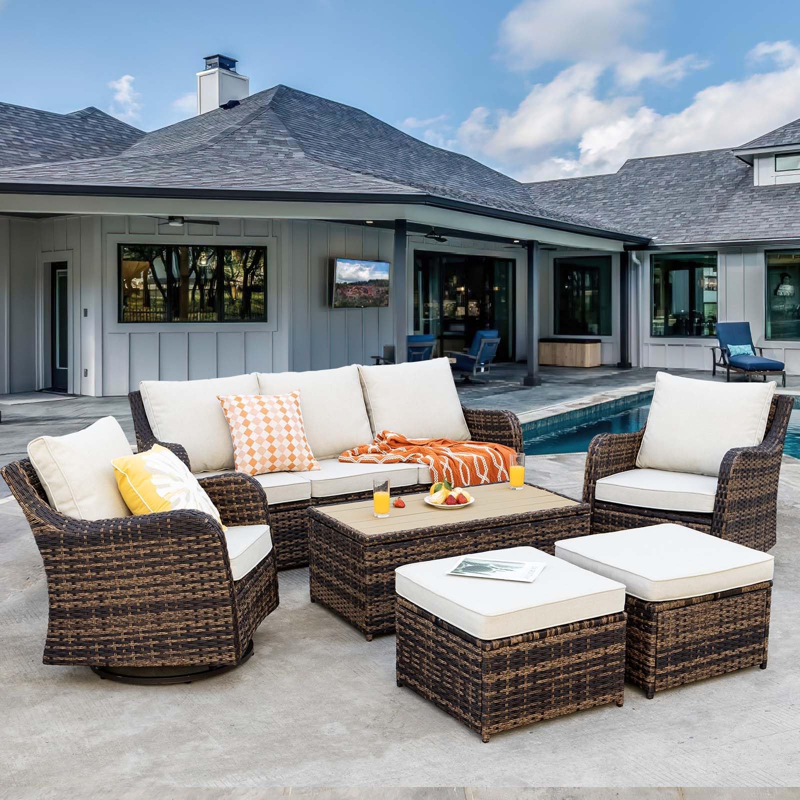 Amazon.com: CAODOC 7 Pieces Outdoor Patio Furniture Set, Rattan Wicker ...