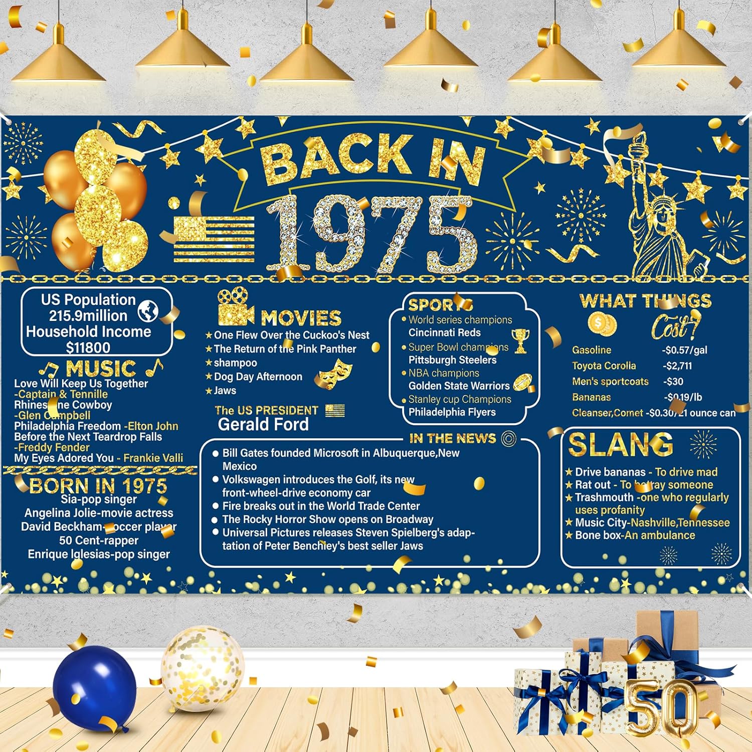 Amazon.com: Blue 50th Birthday Banner Decorations, Navy Blue Gold Back ...
