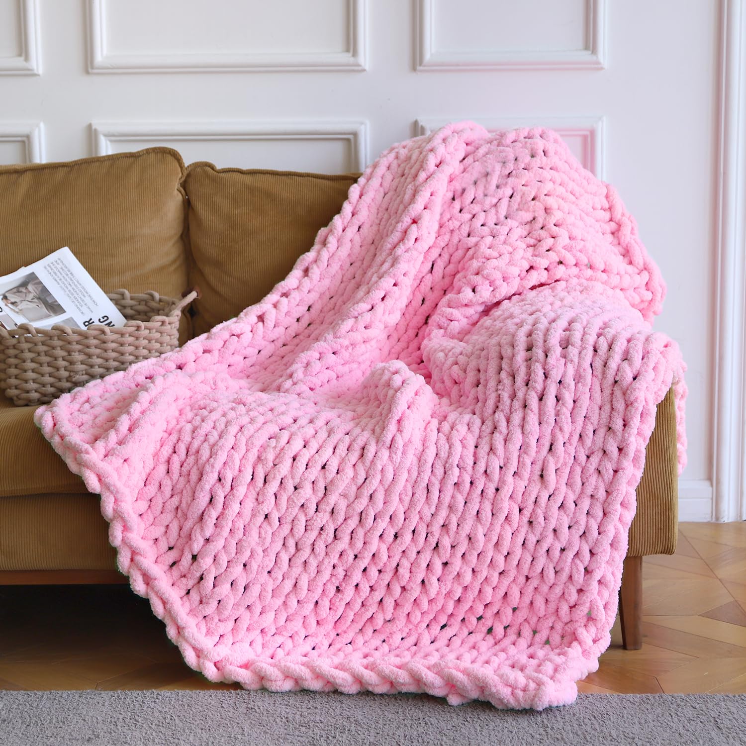 Pink Knit Throw Blanket, 50x60'' Soft Light Pink Chunky Knit Throw ...