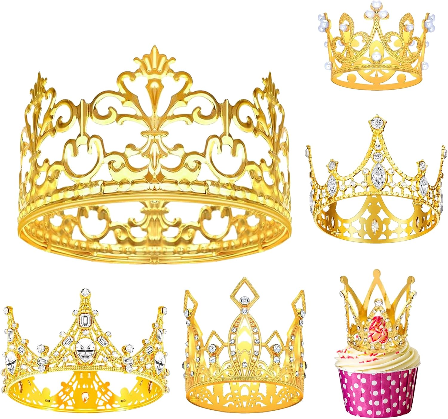 Amazon.com: Crown Cake Topper, Mini Gold Crystal Pearl Tiara Vintage ...