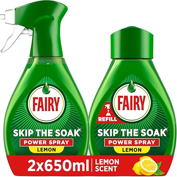 Fairy Skip the Soak Dish Spray Kit, Lemon, 1.3L (650ml Spray + 650ml ...