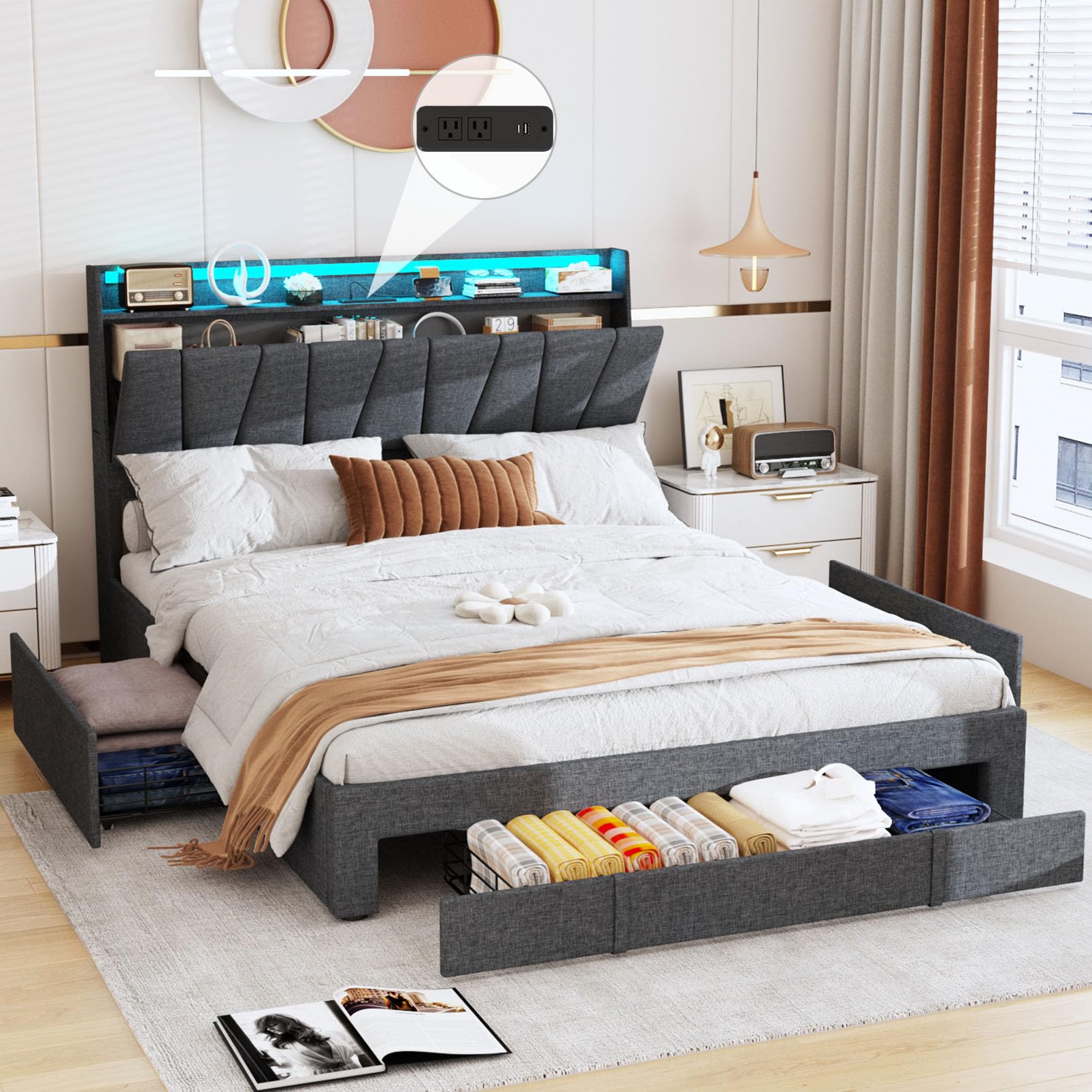Amazon.com: LED Full Size Bed Frame with Storage Headboard and Charging ...