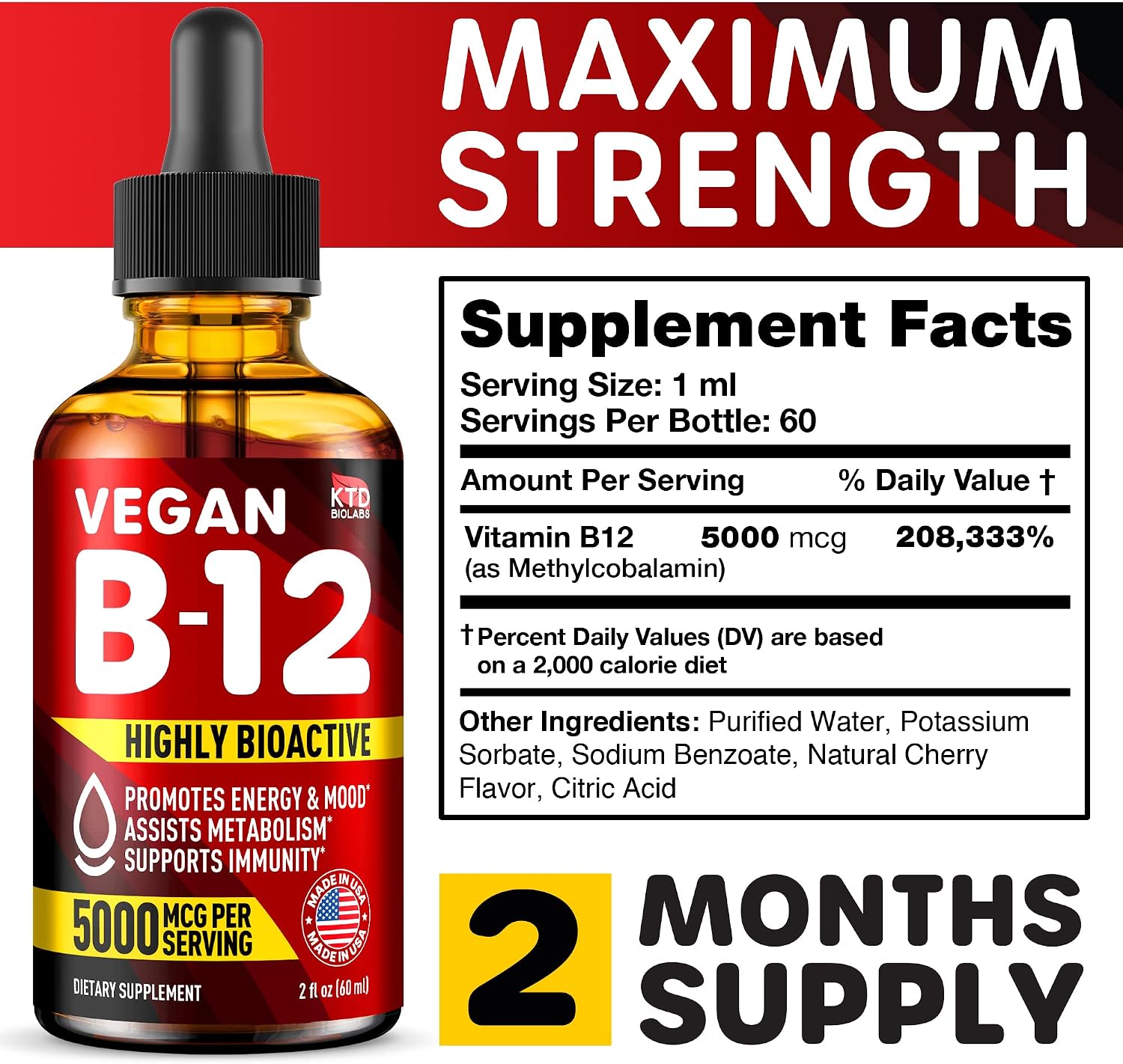 Paquete de 2 B12 Sublingual Gotas de 5000 mcg Hecho en Estados Unidos ...