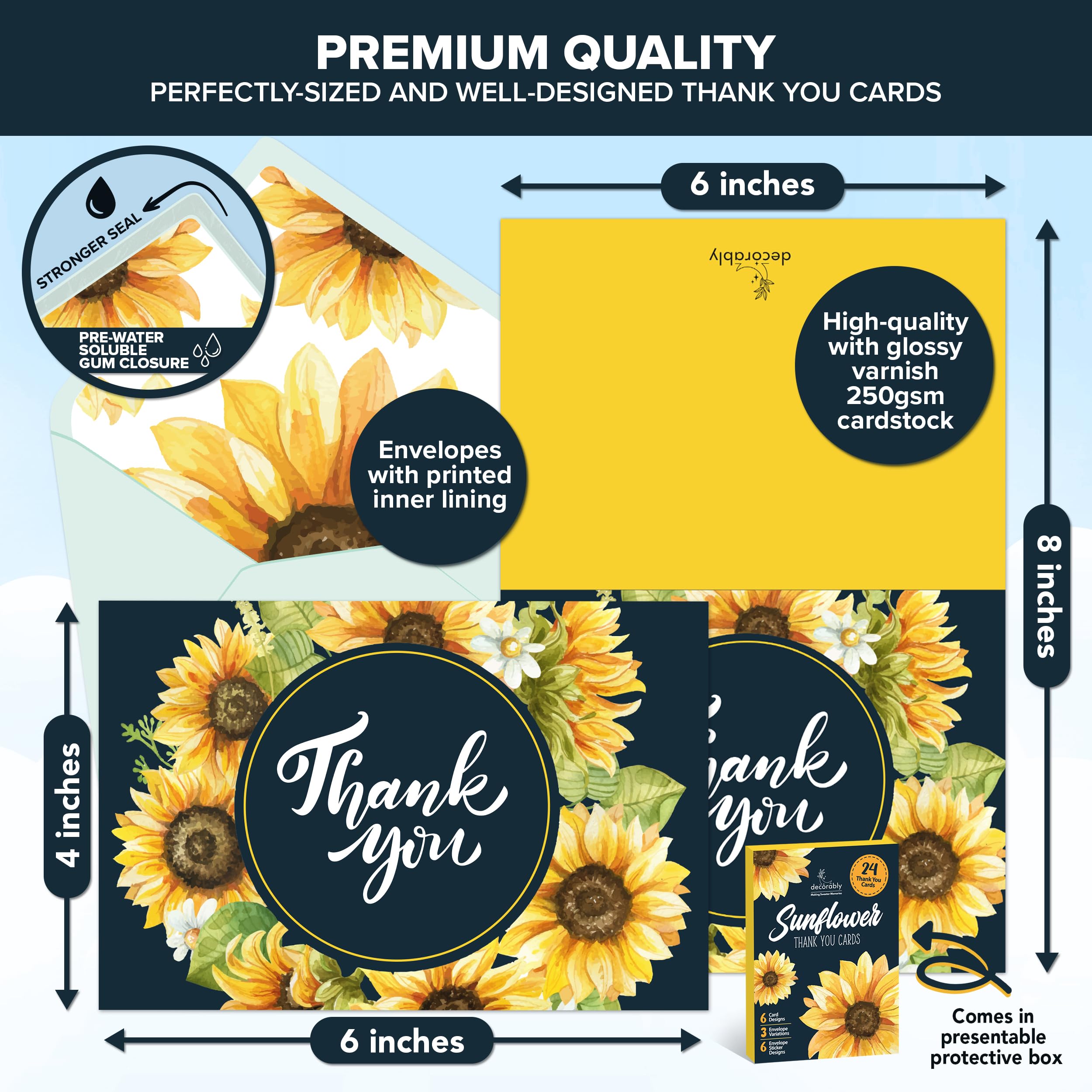 Snapklik.com : Decorably 24 Pack 6x4in Sunflower Thank You Cards