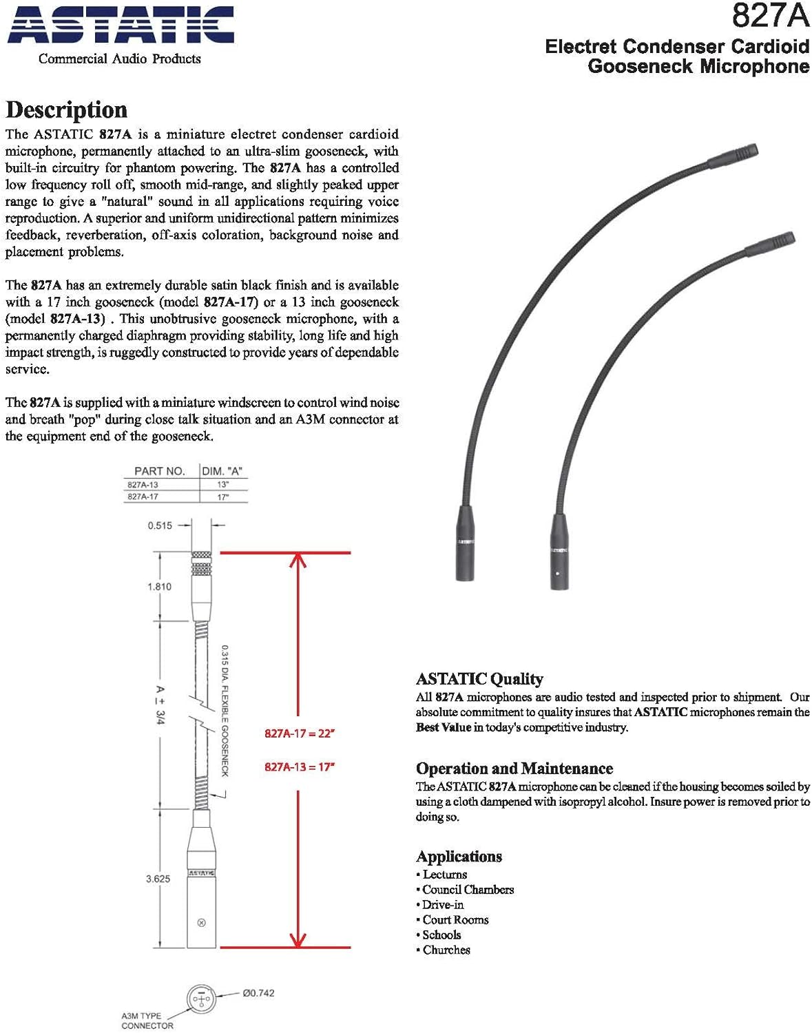 Astatic 827A-17 22 inch Cardioid Miniature Condenser Gooseneck Microphone – BigaMart