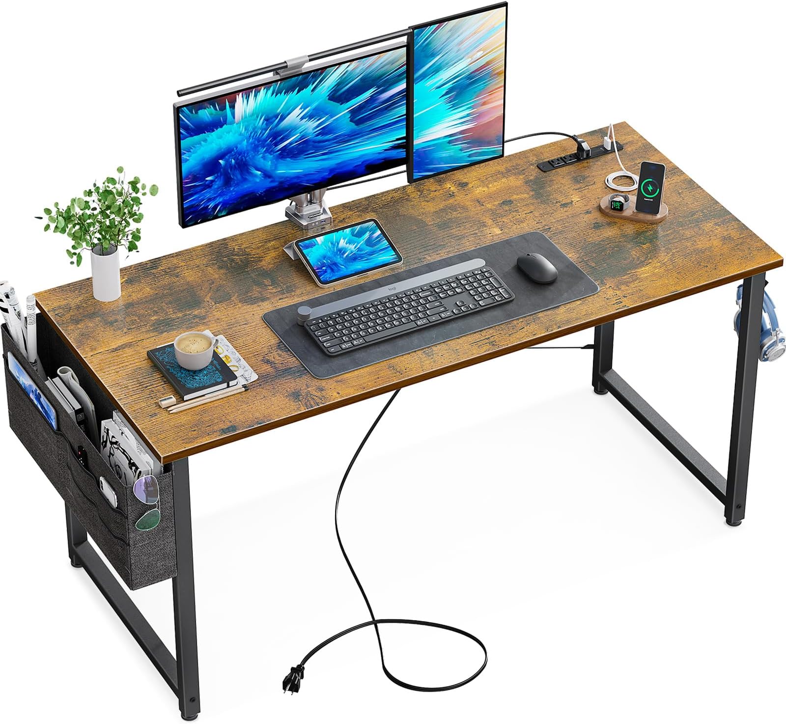 Amazon.com: KKL Small Desk with Power Outlets and USB Port Computer ...