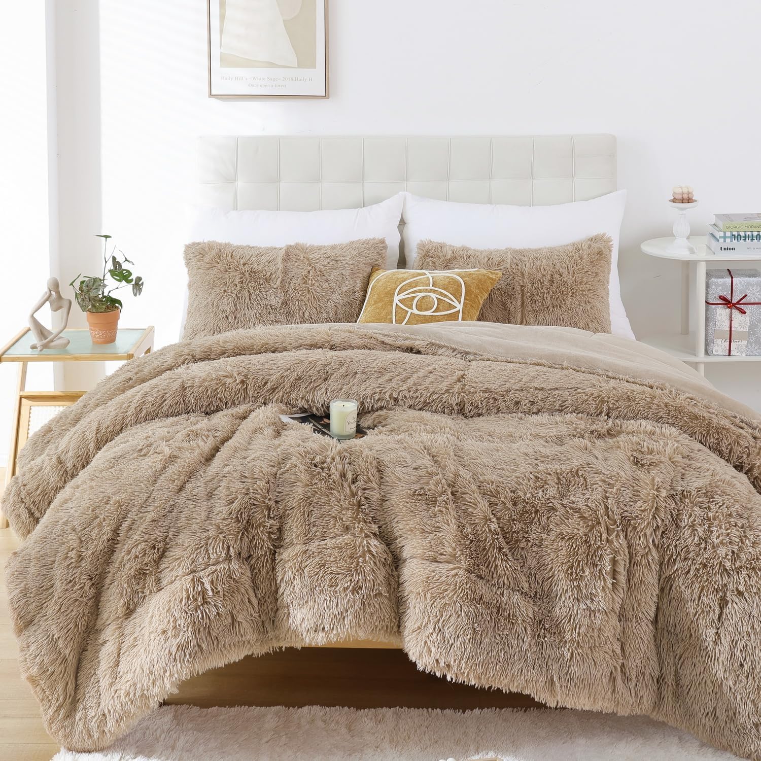Amazon.com: Smoofy Faux Fur Taupe Comforter Set King Size 3Pcs Fluffy ...