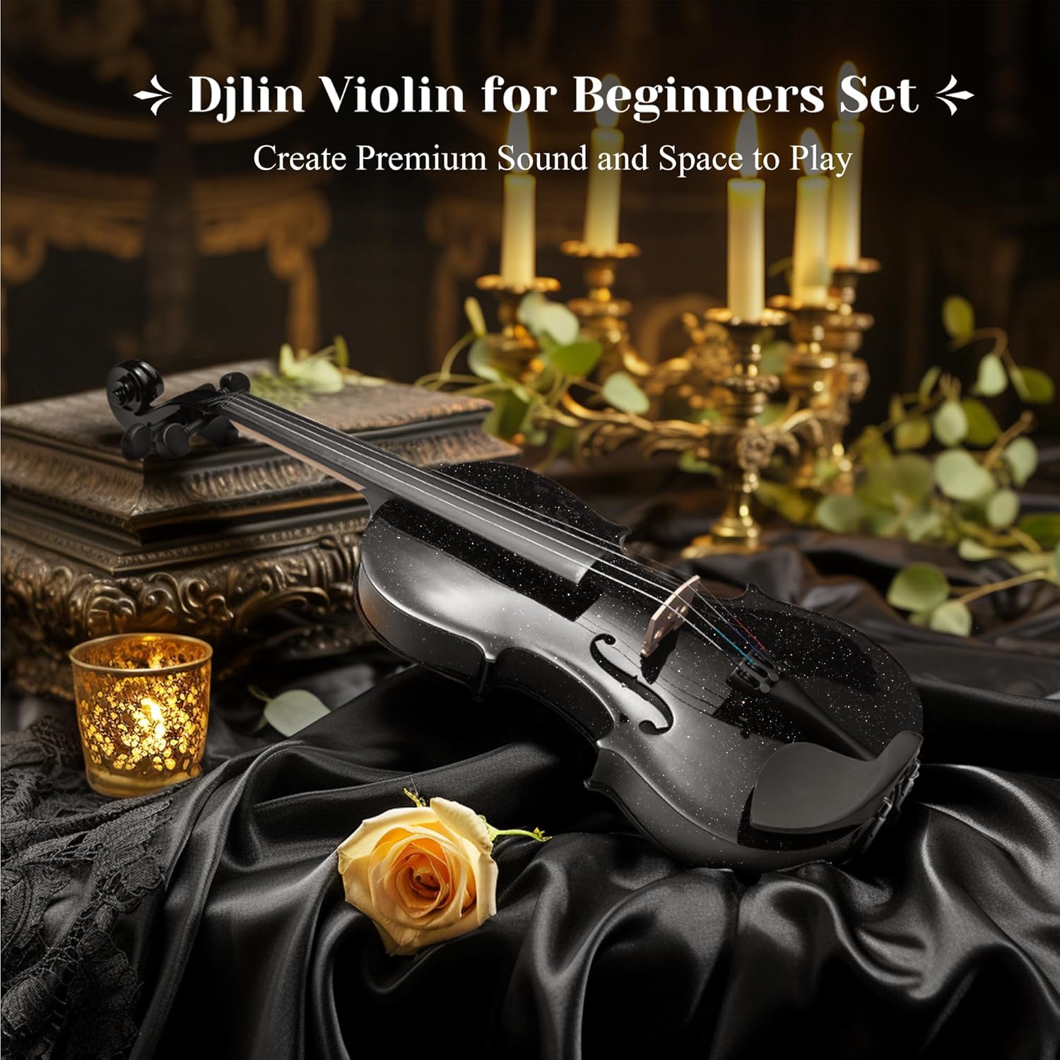 Djlin Black Violin for Beginners Adults, 4/4 Full Size Acoustic Violin ...