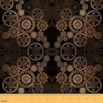 Golden Ndustrial Gear Fabric by The Yard, Steampunk Style Upholstery ...