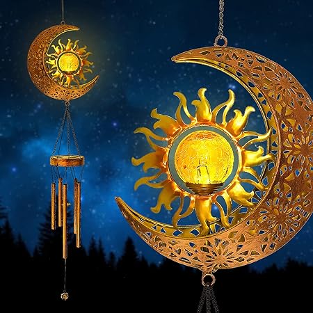 Amazon.com: JYPS Sun Moon Solar Wind Chimes for Outside Crackle Glass ...