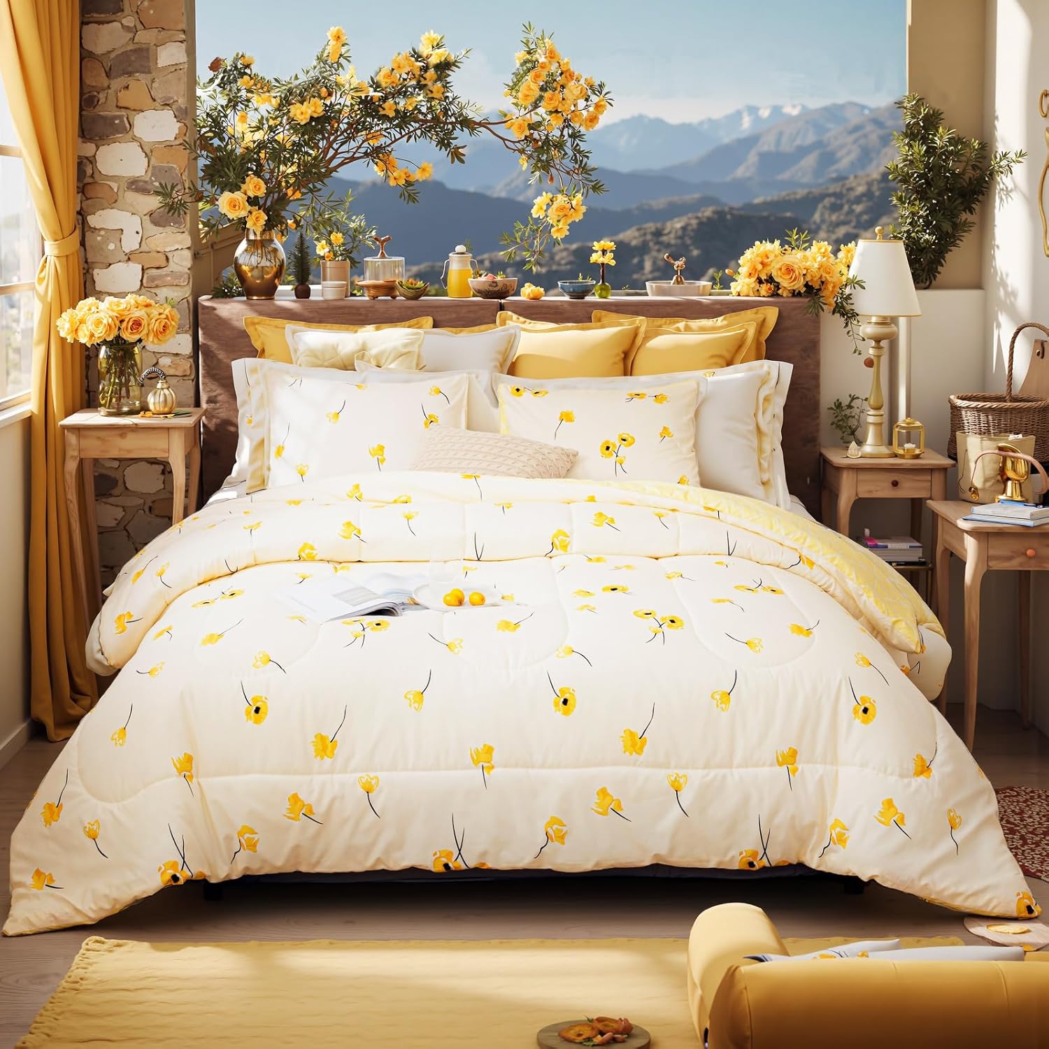 Amazon.com: Bedorm Yellow Bedding Comforter Set Floral Plaid Reversible ...