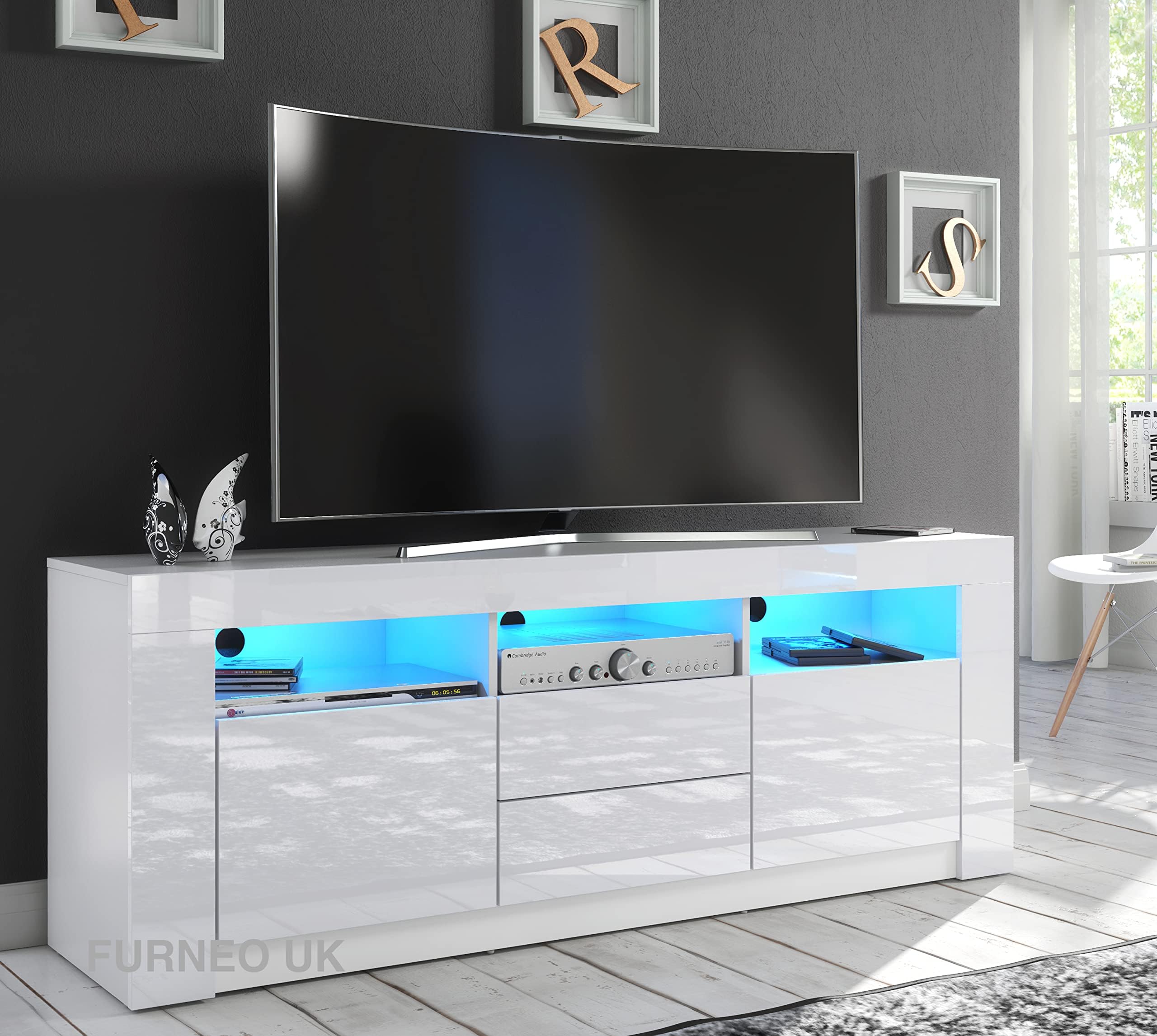 Furneo White TV Stand 120cm Unit Cabinet Matt & High Gloss Puzzo Blue ...