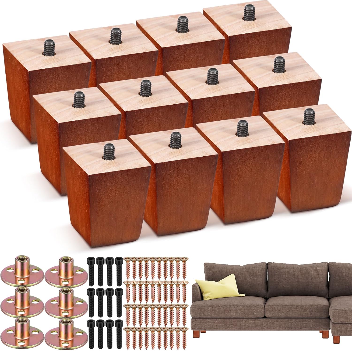 Set of 12 Square Wood Furniture Leg 3 Inch Couch Rubber Wood Leg Dark ...