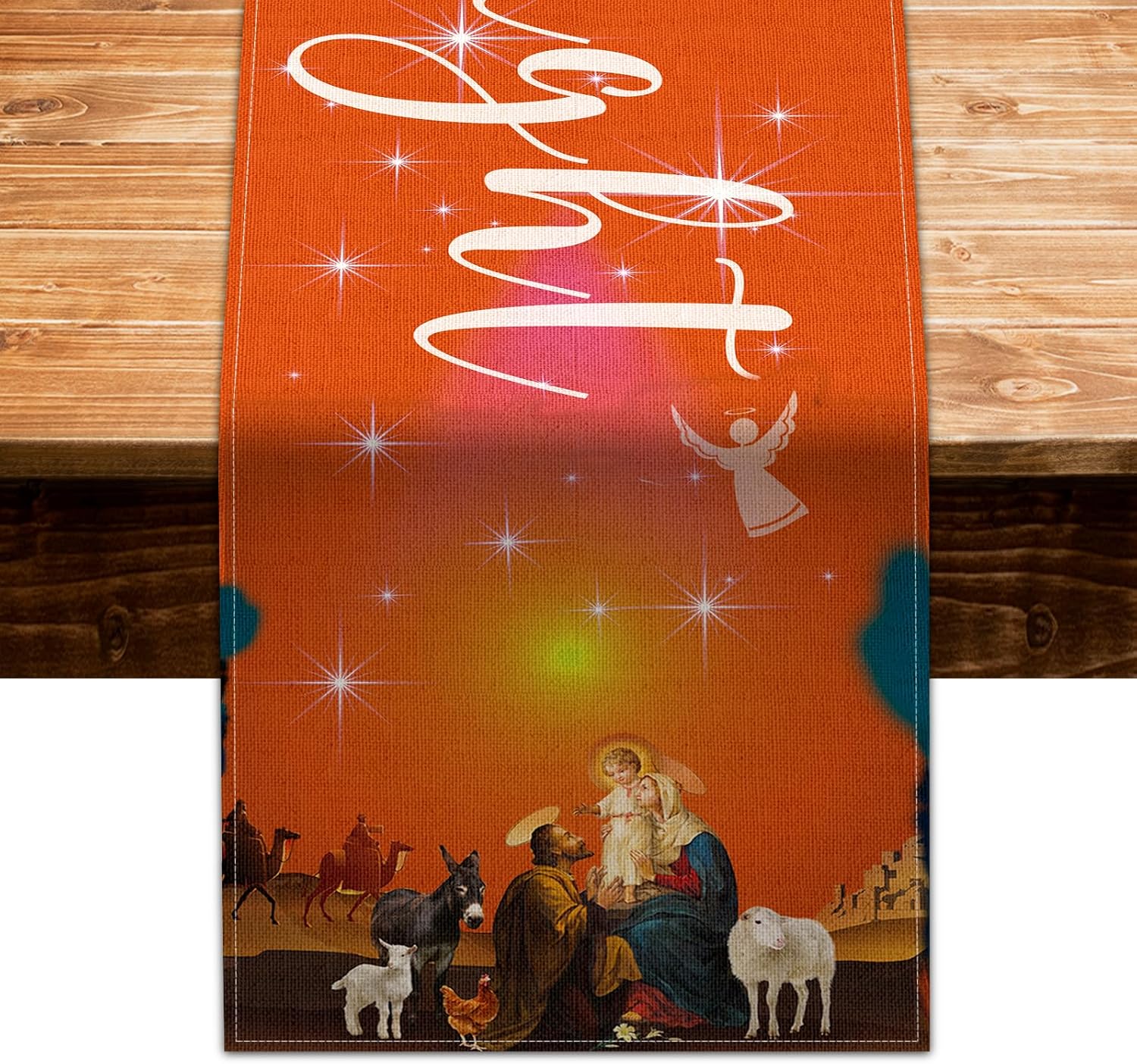 Amazon.com: Orange Christmas Nativity Scene Table Runner Linen Holy ...