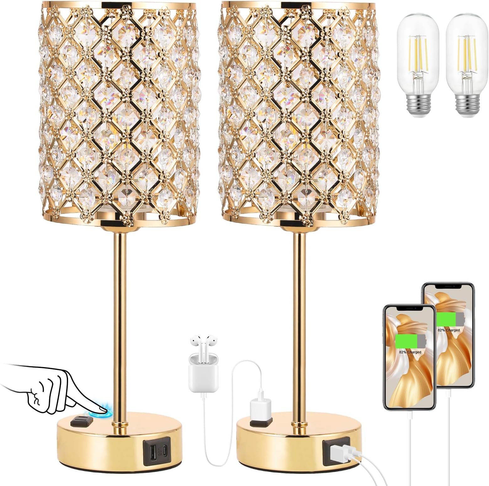 Neoglint Crystal Table Lamp - Gold Bedside Lamps with USB Port ...