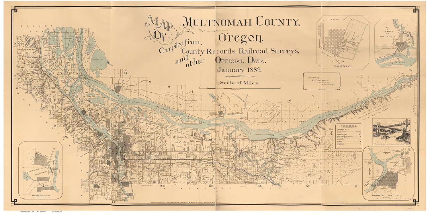 Multnomah County Oregon 1889 – Old Wall Map – Reprint – Yaxa Colombia