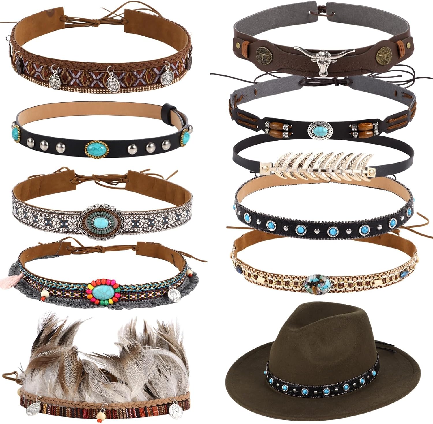 Tideme 10 PCS Cowboy Hat Bands - Bands Ethnic Western Hat Belts, Rural ...