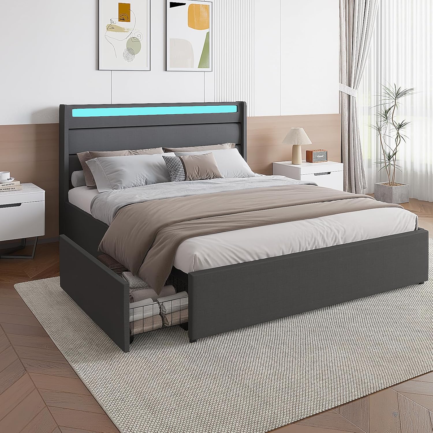 ClouDDwell Queen Bed Frame with RGBW LED Lights, Upholstered Headboard ...