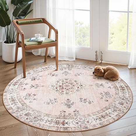 Amazon.com: Lahome Washable Pink Round Rug 6ft, Soft Europe Vintage 6x6 ...