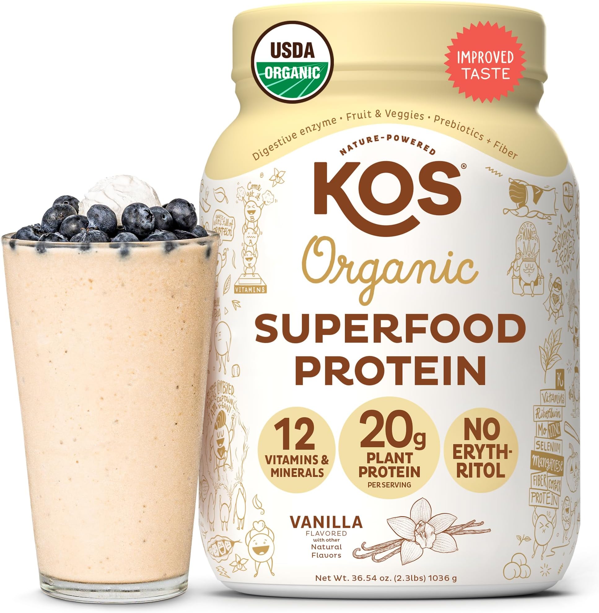 Amazon.com: KOS Vegan Protein Powder Erythritol Free, Vanilla USDA ...