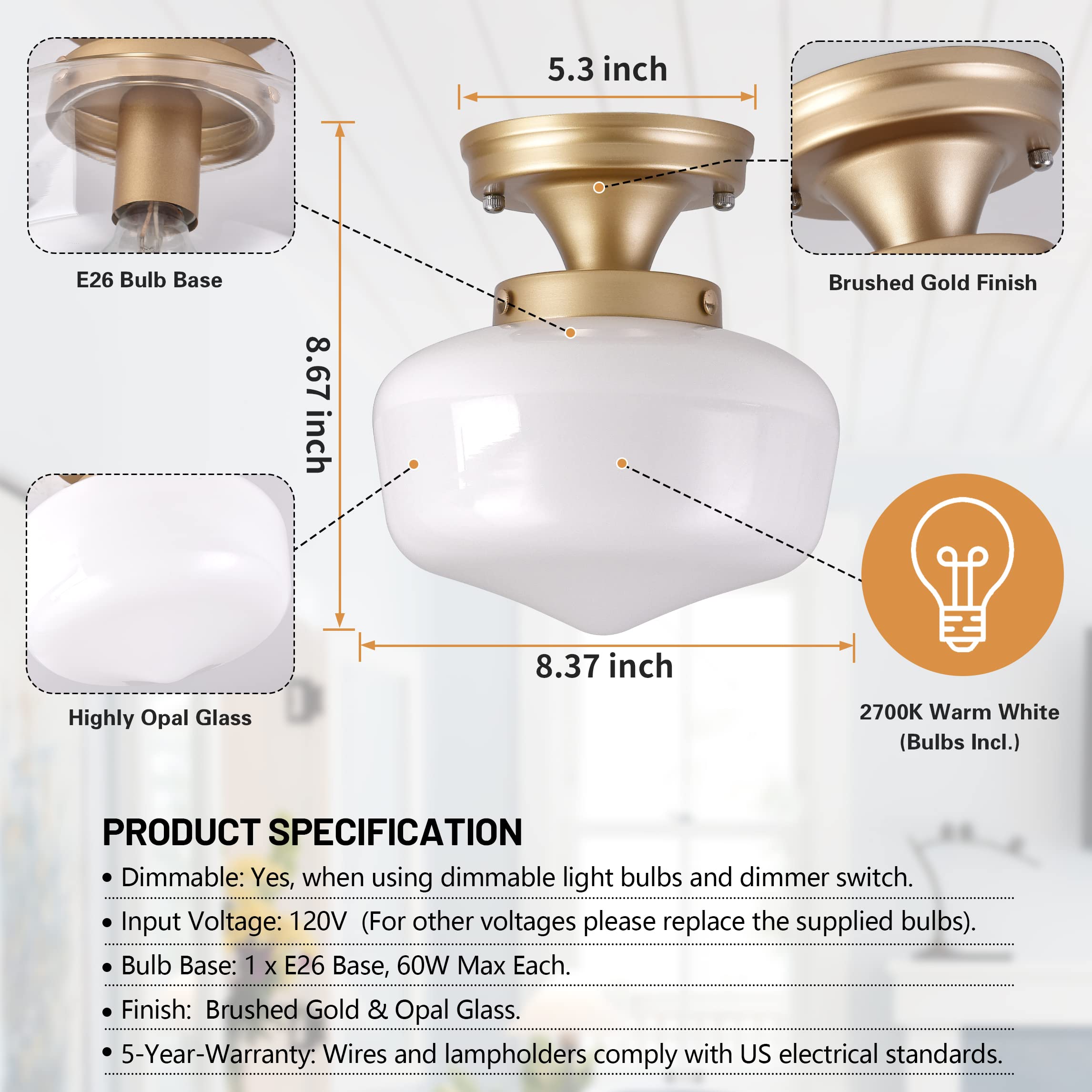 AyshwillDec Brass Schoolhouse Light Fixture 8" Mid Century Light ...