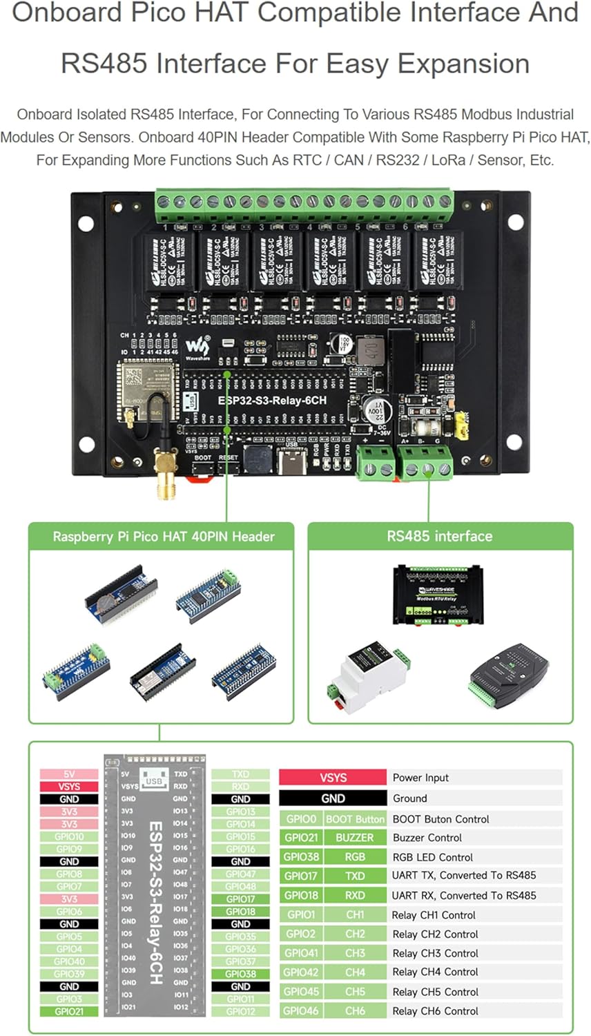 Waveshare Industrial 6-Channel ESP32-S3 WiFi Relay Philippines | Ubuy